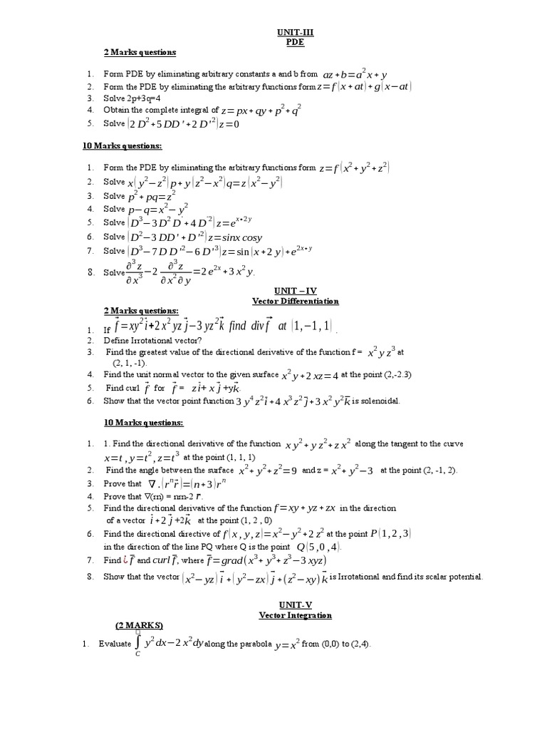 Devc Unit-III, IV & V Question Bank | PDF | Partial Differential Equation | Subtraction