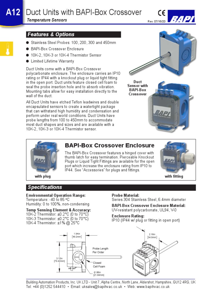 Duct Temperature Sensors with BAPI-Box Crossover Enclosures: Features ...