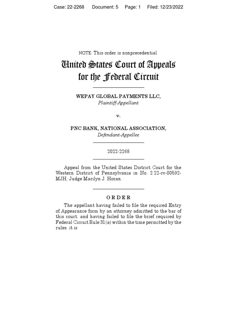 Wepay v. PNC - Order Dismissing Appeal | PDF Wepay v. PNC - Order Dismissing Appeal | PDF