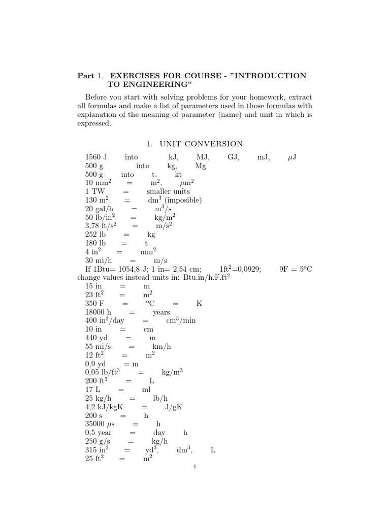 Introduction To Engineering - Exercises (Students) | PDF | Heat ...