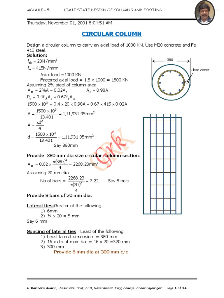 Design of Circular Column with Helical Reinforcement for Axial Load of 1500 KN | PDF | Helix ...