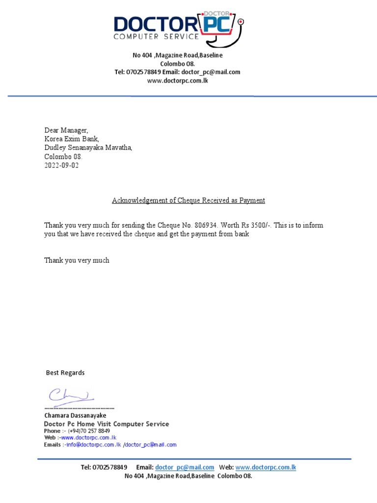 Acknowledgement of Cheque Received | PDF