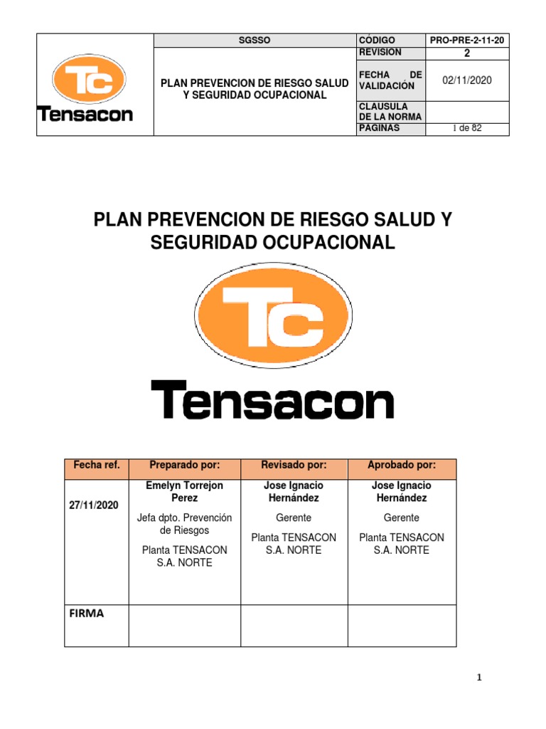 01-Plan Prevencion de Riesgo Sso Planta Norte | Descargar gratis PDF | Seguridad y salud ...