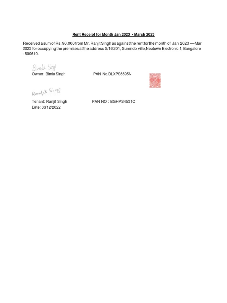 Rent Receipt For Month Jan 2023 | PDF
