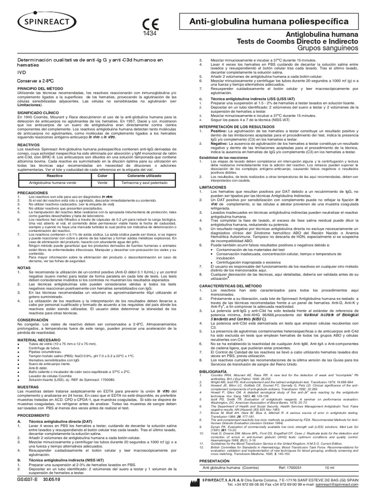 Inserto Spinreact Antiglobulina Humana Coombs 1700051 | PDF | Sistema ...