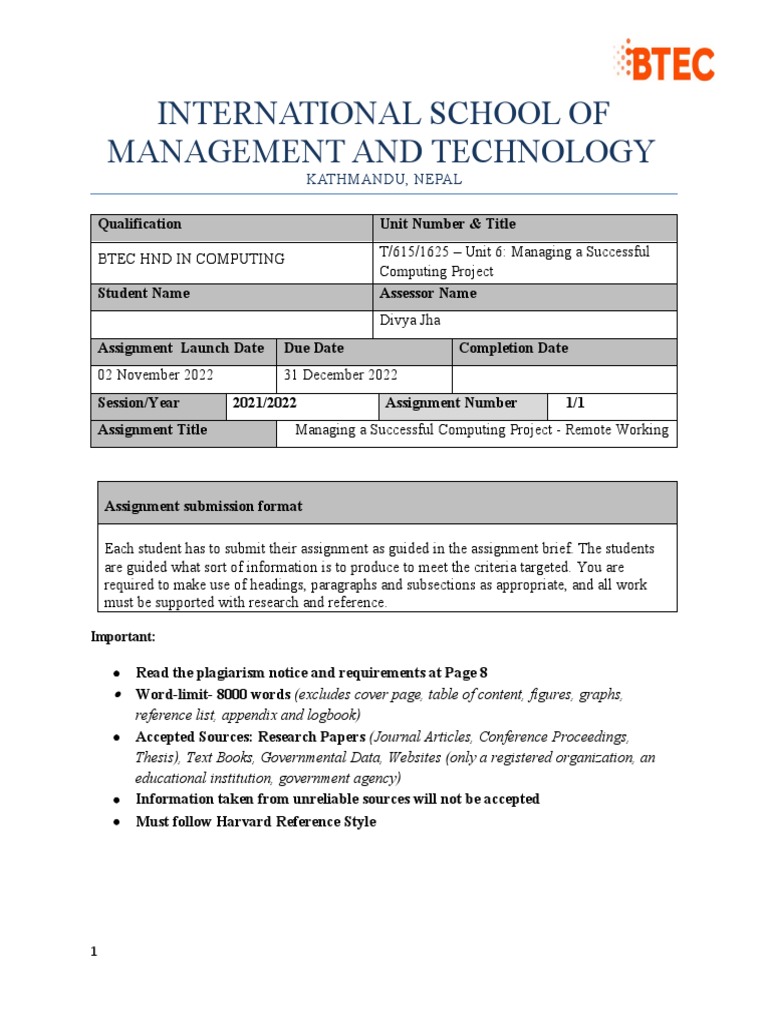 Unit 6 Managing A Successful Computing Project Remoteworking Brt Campus Pdf Project