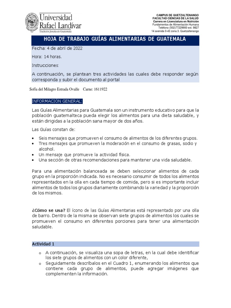 Hoja de Trabajo Alimentacion Humana | PDF | Alimentos | Nutrición