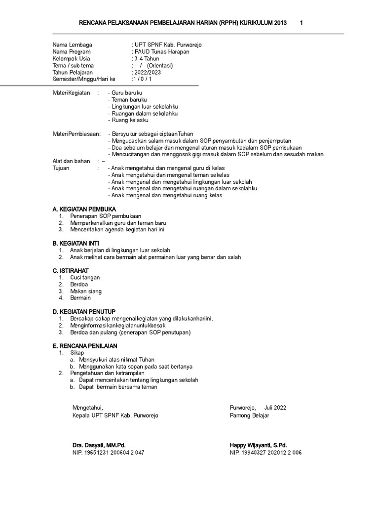 RPPH KB-B SMT1 Minggu - 00 - Orientasi | PDF