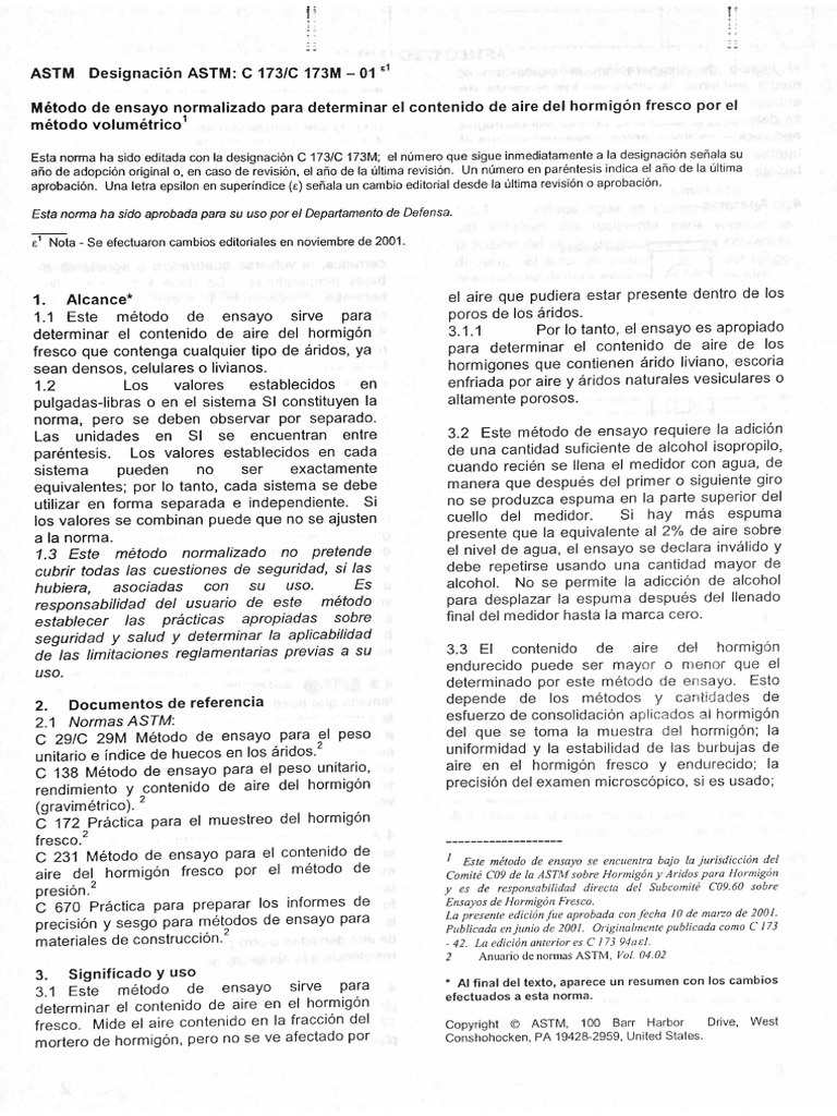 ASTM C 173, Contenido de Aire, Método Volumétrico | PDF