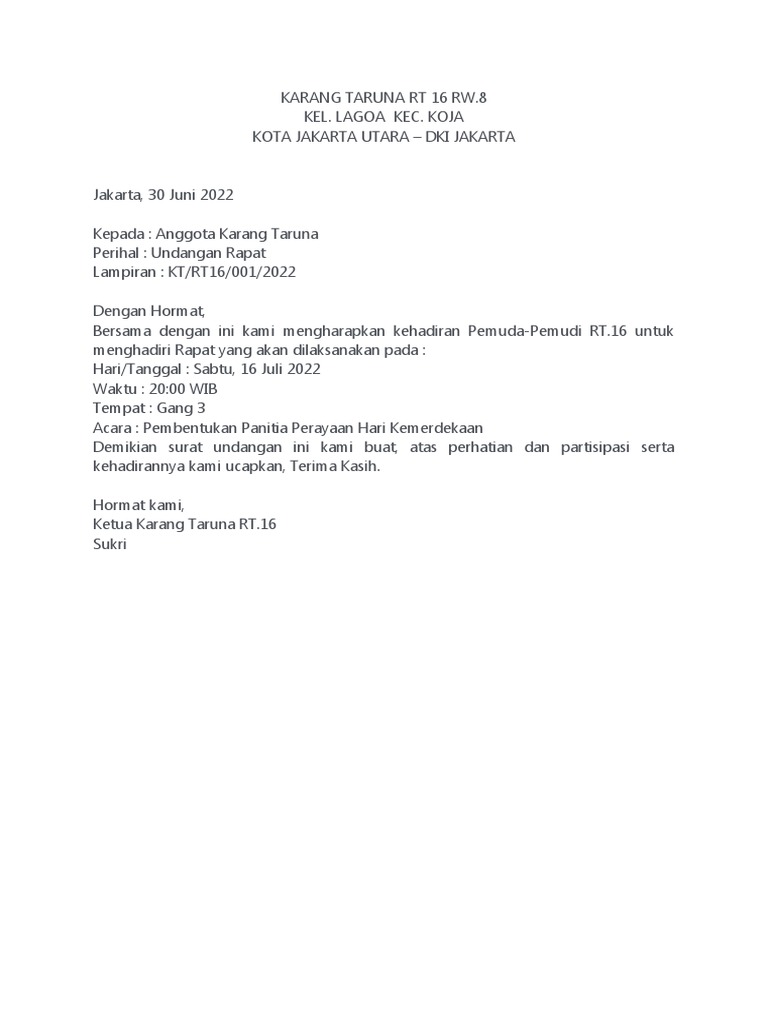 Undangan Rapat Karang Taruna RT 16 RW | PDF