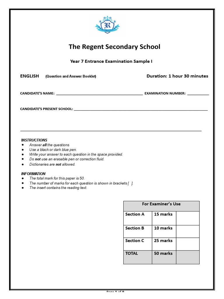 English - Entrance Examination Sample Paper I Question and Answer ...