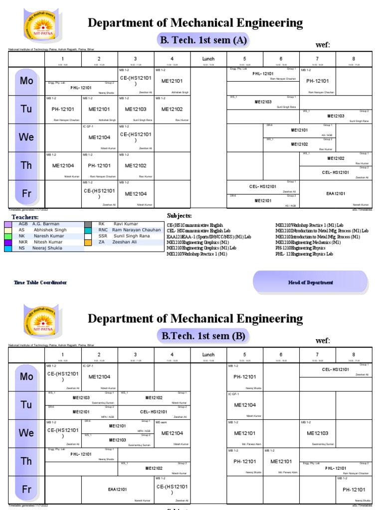 B.Tech Mechanical Engineering Timetable | PDF | Science | Engineering