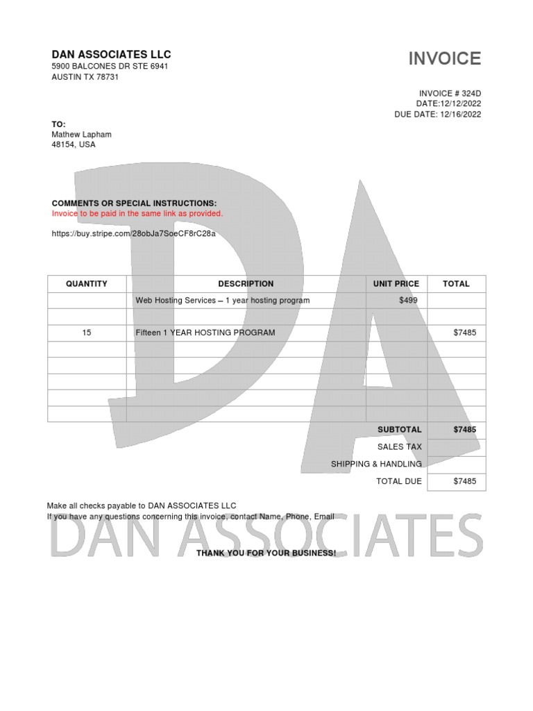 Web Hosting Invoice for 1 Year Hosting Program for 15 Sites Totaling ...