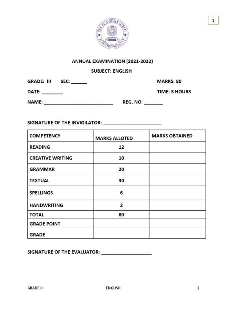 ANNUAL EXAMINATION Grade 3 (2021-22) Set-1 | PDF | Florence Nightingale ...