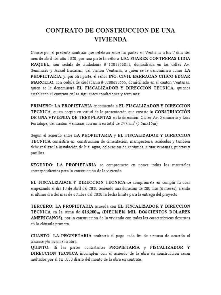CONTRATO DE CONSTRUCCION DE UNA VIVIENDA | PDF