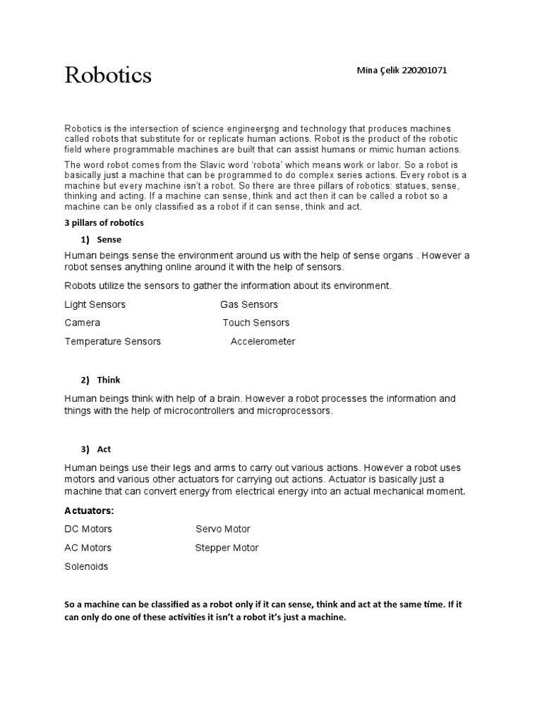 Robotics: 3 Pillars of Robotics 1) Sense | PDF | Robot | Robotics