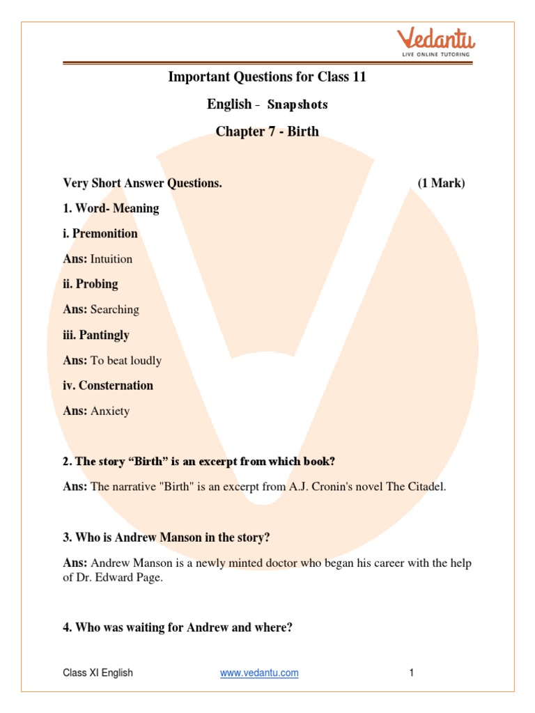 Important Questions For CBSE Class 11 English Snapshots Chapter 7 ...