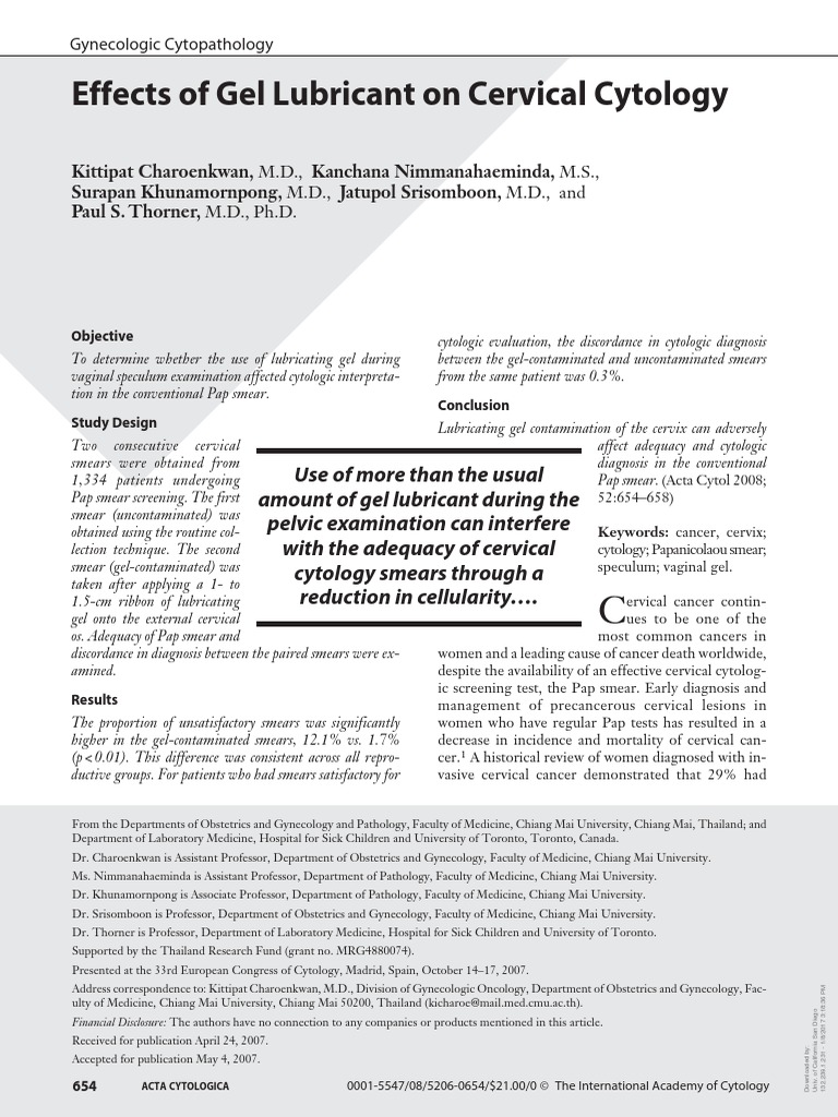 Effects of Gel Lubricant On Cervical Cytology - Charoenkwan2008 | PDF ...