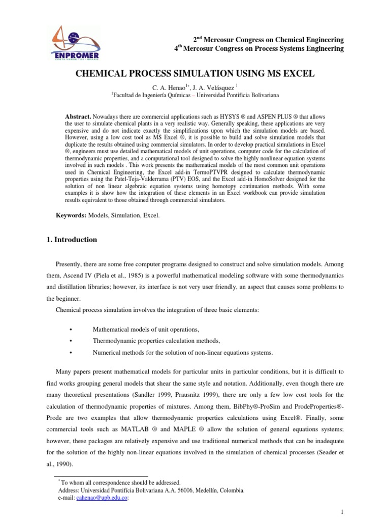 1255 Chemical Process Simulation Using Ms Excel Pdf Mole Unit