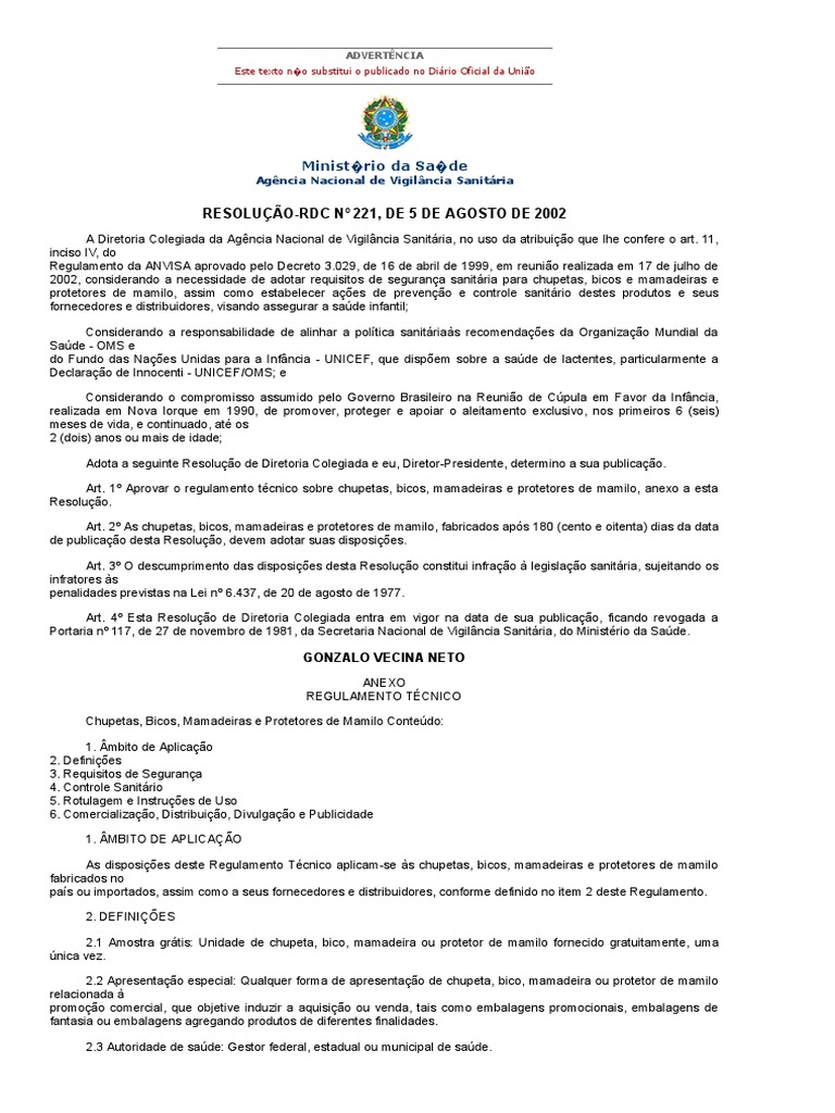 RDC 221 - 2002 | PDF | Amamentação | Metrologia