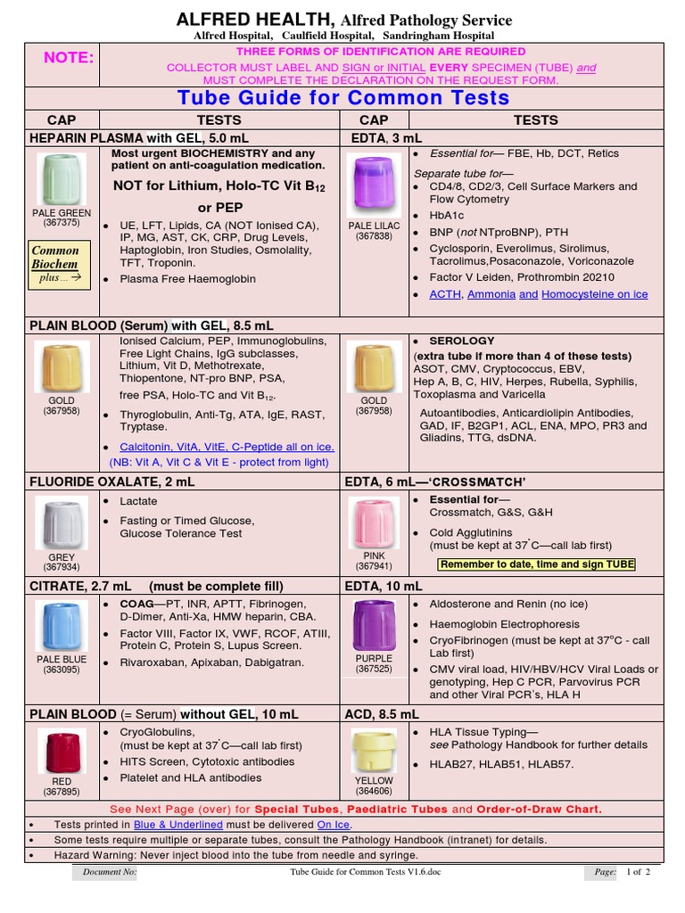 Tube Guide For Common Tests V1.6 | PDF | Blood | Clinical Medicine