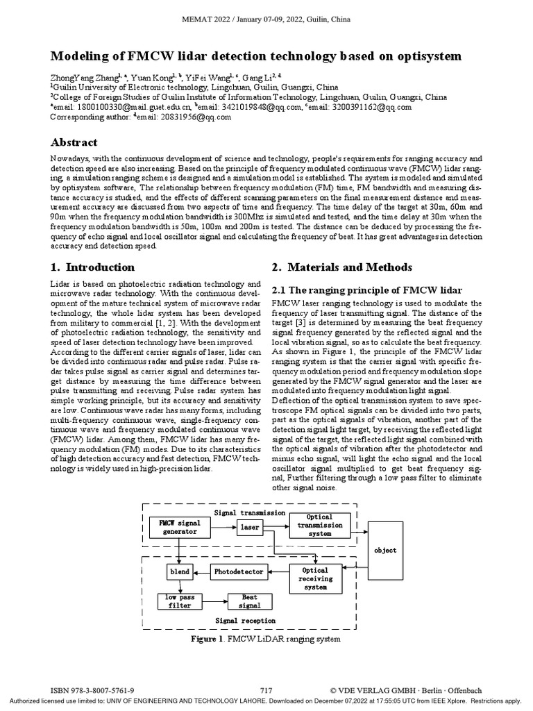 Modeling of FMCW Lidar Detection Technology Based On Optisystem | PDF | Frequency Modulation | Lidar