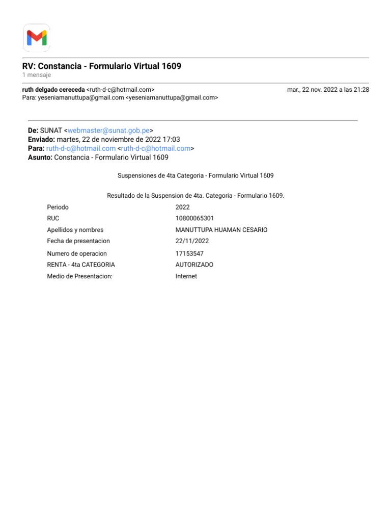 Gmail - RV - Constancia - Formulario Virtual 1609 | PDF