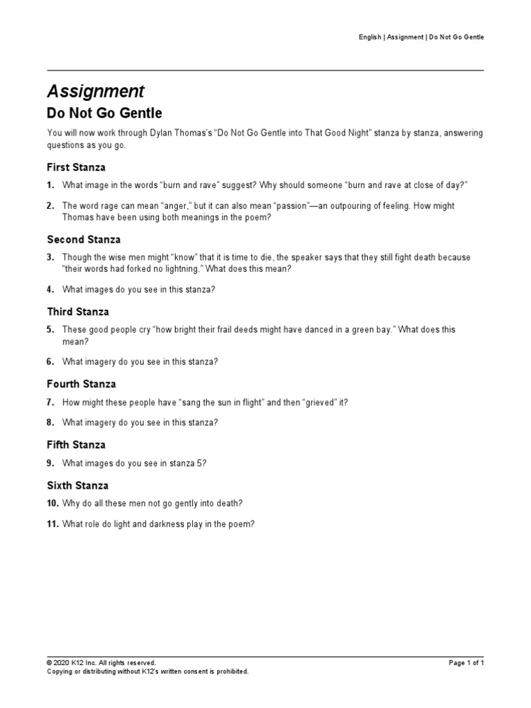 Assignment: Do Not Go Gentle | PDF | Language Arts & Discipline | Art
