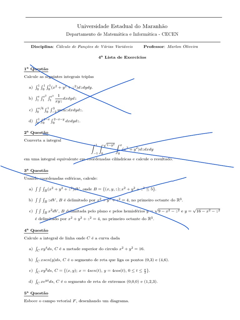 4 Lista de Exercícios CVV - Solution | PDF | Cálculo multivariável | Objetos matemáticos