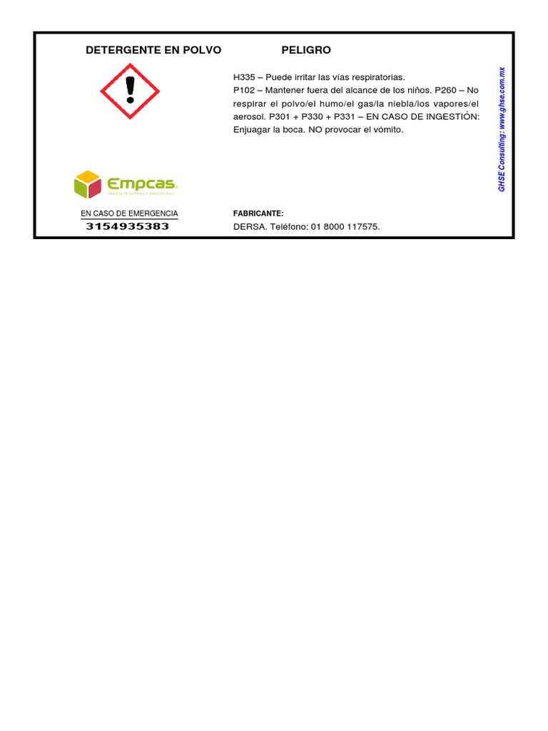 Etiqueta Sga Detergente en Polvo | PDF