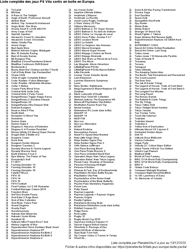 Liste Jeux PS Vita Boites PAL | PDF