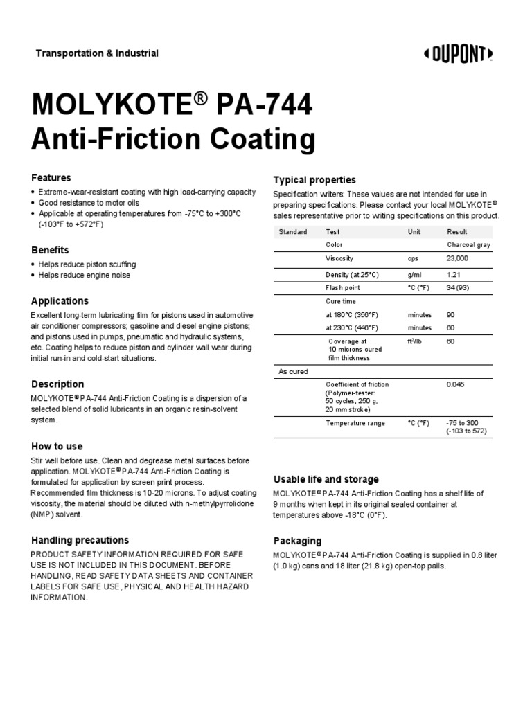 MOLYKOTE PA-744 Anti-Friction Coating 80-3214A-01-1 | PDF | Piston ...