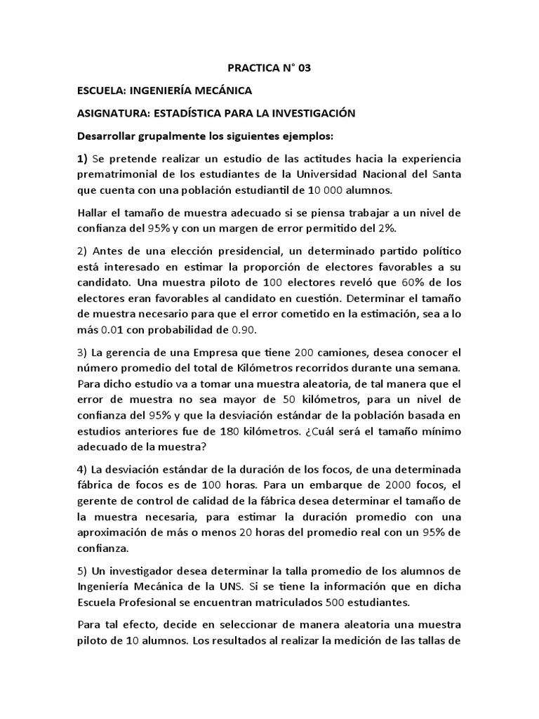 Tarea #03 Muestreo Tamaño de Muestra | PDF | Muestreo (Estadísticas) | Intervalo de confianza