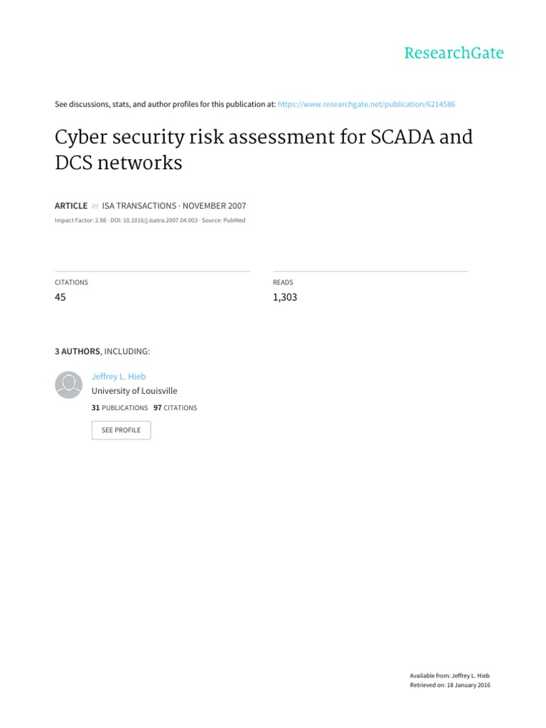Cyber Security Risk Assessment For SCADA and DCS Networks: Isa Transactions November 2007 | PDF ...