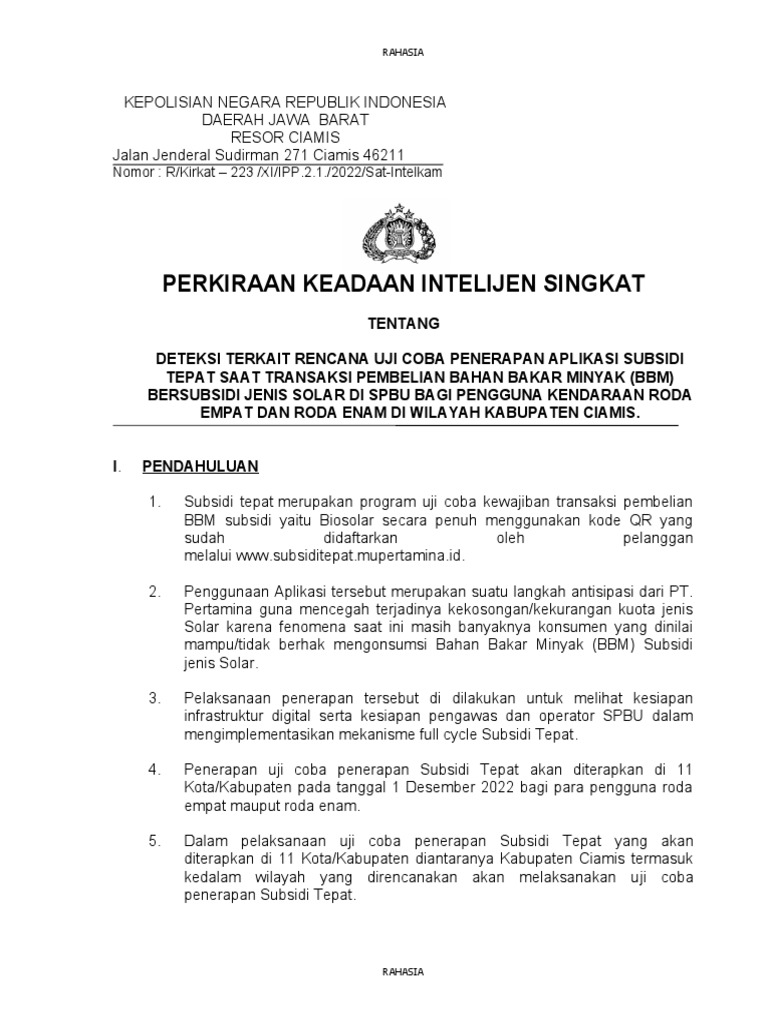 Perkiraan Intelijen Subsidi Tepat Ciamis | PDF
