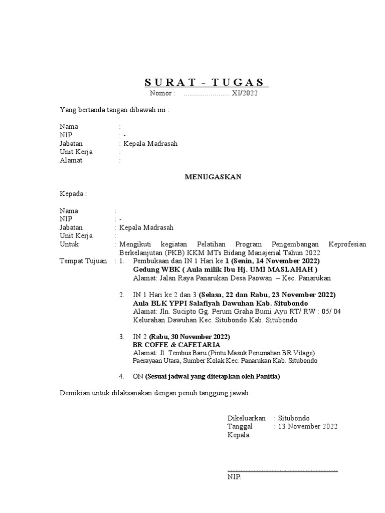 Surat Tugas BIMTEK PKB POKJA KKM 2022 | PDF