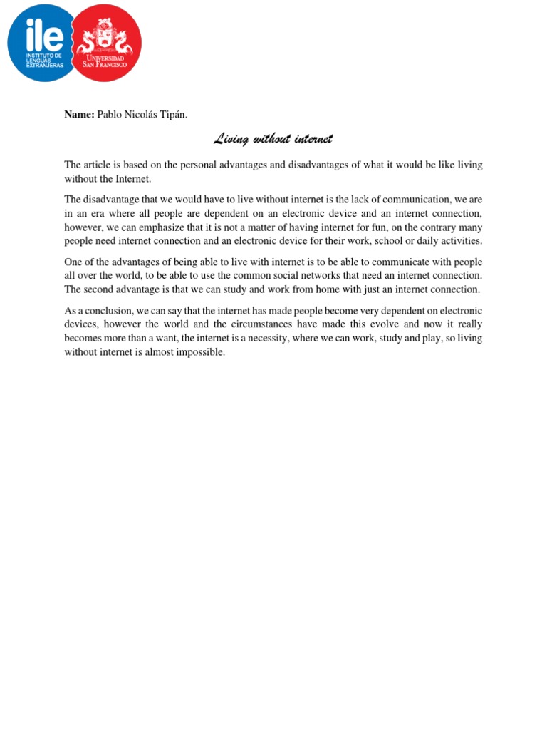 Writing Assignment 03 - Living Without Internet | PDF | Social Science
