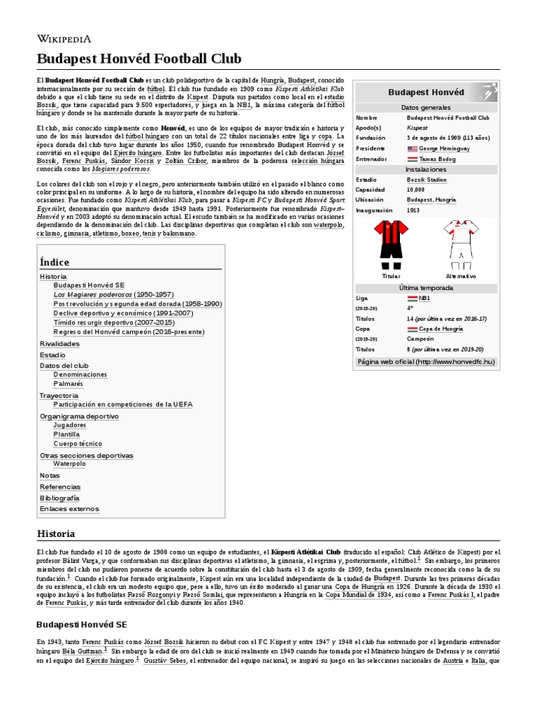 Budapest Honvéd Football Club | PDF | Asociación de Futbol | Deportes