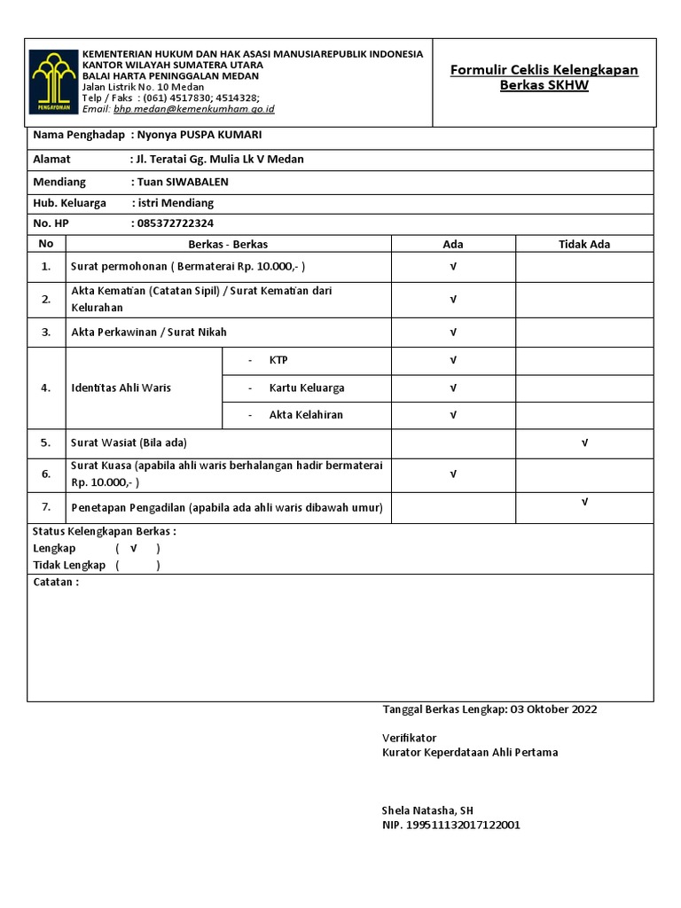 Formulir Ceklis Kelengkapan Berkas SKHW (Tabel) | PDF
