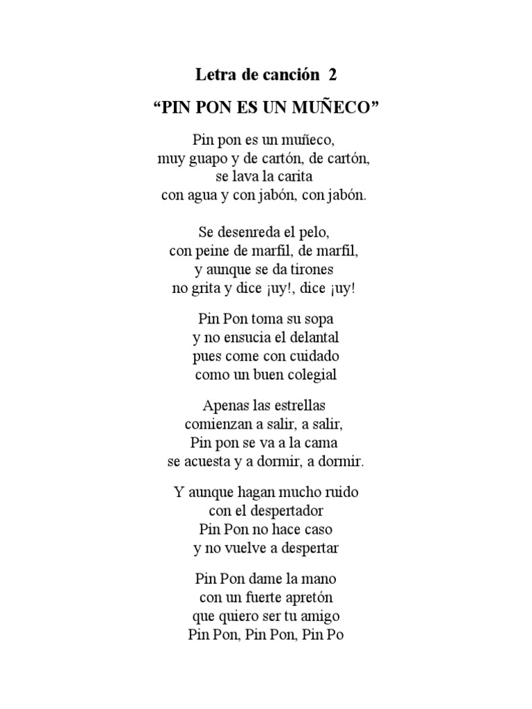 Letra de Canción Versión 2 - Semana 18 - Pin Pon Es Un Muñeco Lunes 24 ...