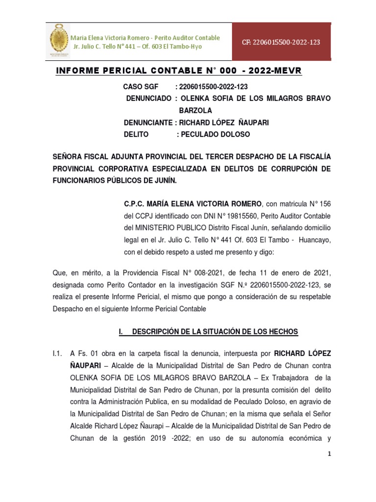 Informe Pericial Contable sobre Peculado | PDF | Contralor | Contabilidad