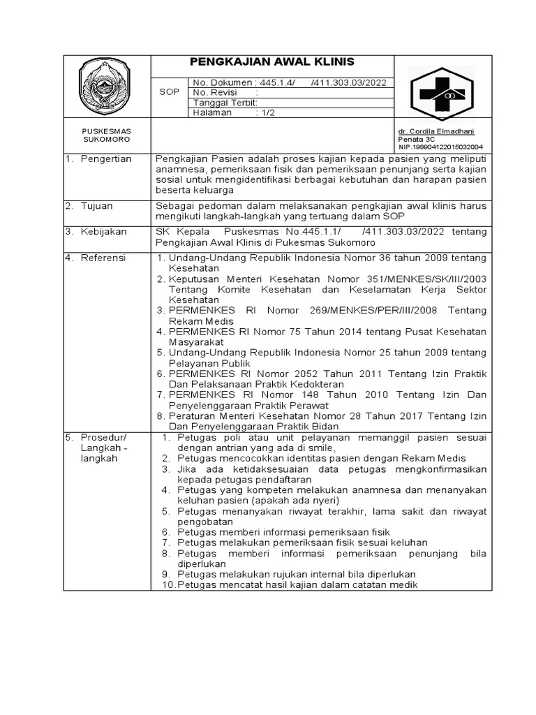 Sop Pengkajian Awal Klinis | PDF | Sains & Matematika