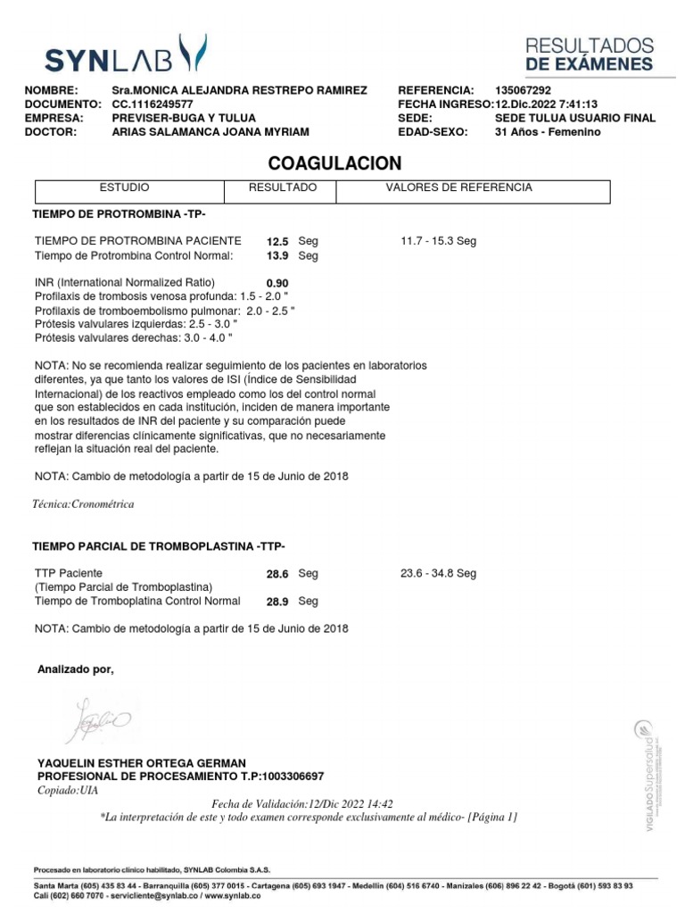 Resultados de Coagulación y Hematología | PDF | Fluidos corporales ...