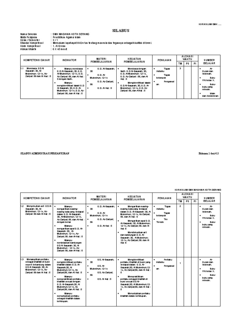 Silabus PAI Kelas X SMK Madania | PDF