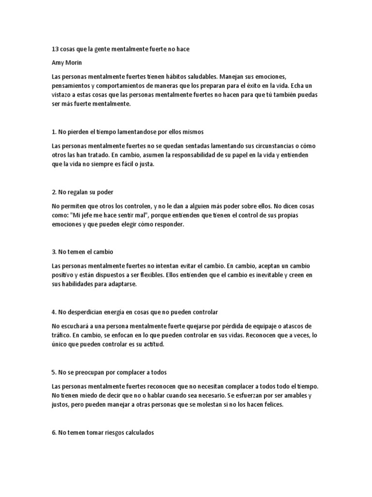 13 Cosas Que La Gente Mentalmente Fuerte No Hacen Amy Morin Resumen Pdf Las Emociones 