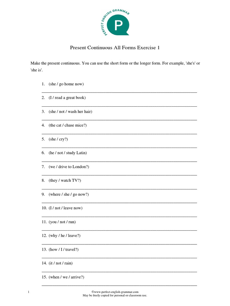 Present Continuous All Forms Exercise 1 | PDF