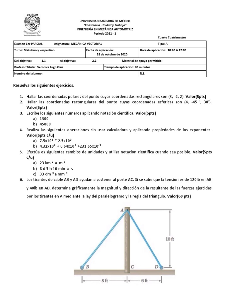 Examen Mecanica Vectorial IMA401 | PDF | Vector Euclidiano | Matemáticas
