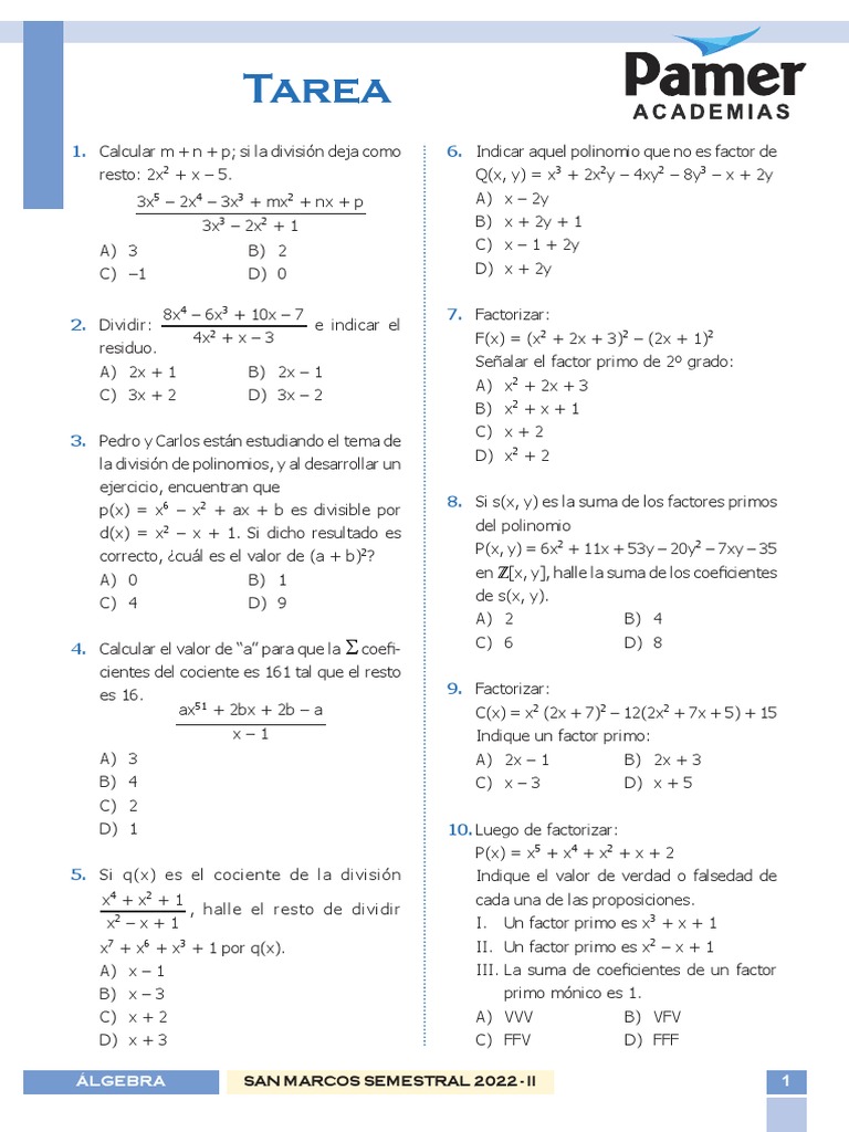Álgebra - Repaso 2 - Tarea | PDF | Factorización | Algoritmos