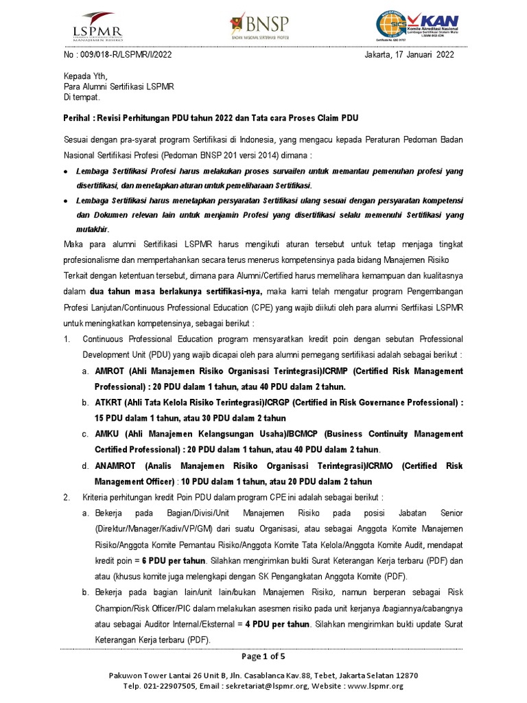Peraturan Penghitungan CPE PDUs LSPMR Tahun 2022 | PDF