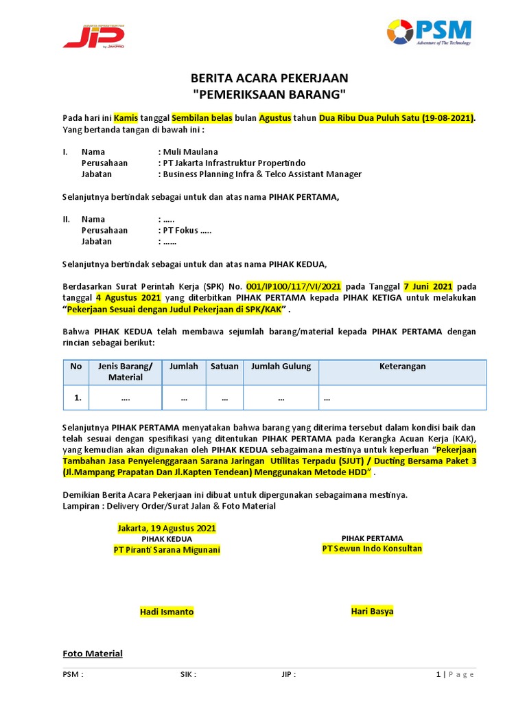 BA Pemeriksaan Material (Form) | PDF